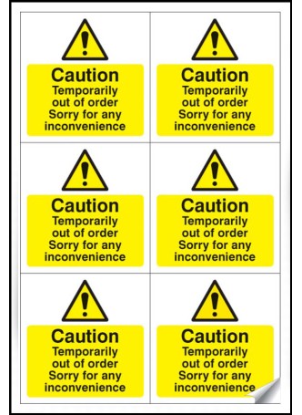 6 x Caution - Temporarily Out of Order Labels - 105 x 99mm
