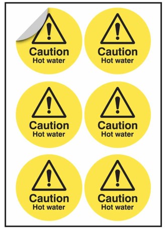 6 x Caution - Hot Water - 65mm Diameter