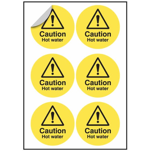 6 x Caution - Hot Water - 65mm Diameter
